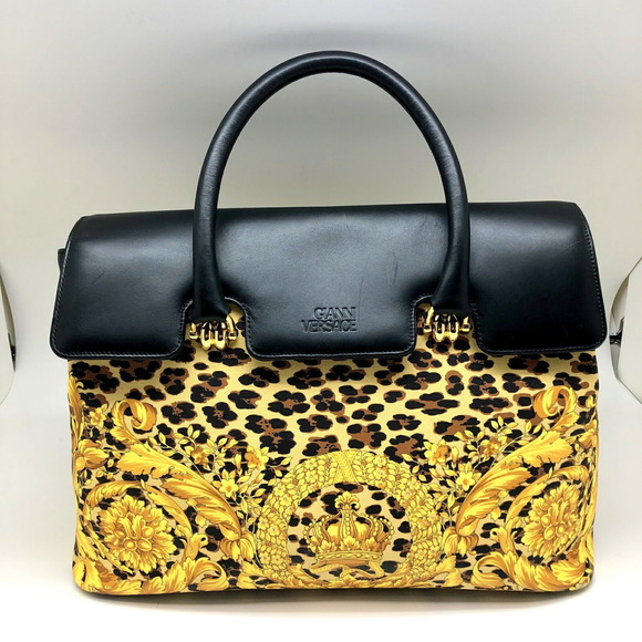 Versace | Bags | Versace Handbag Leopard Black Yellow System Gold Metal ...